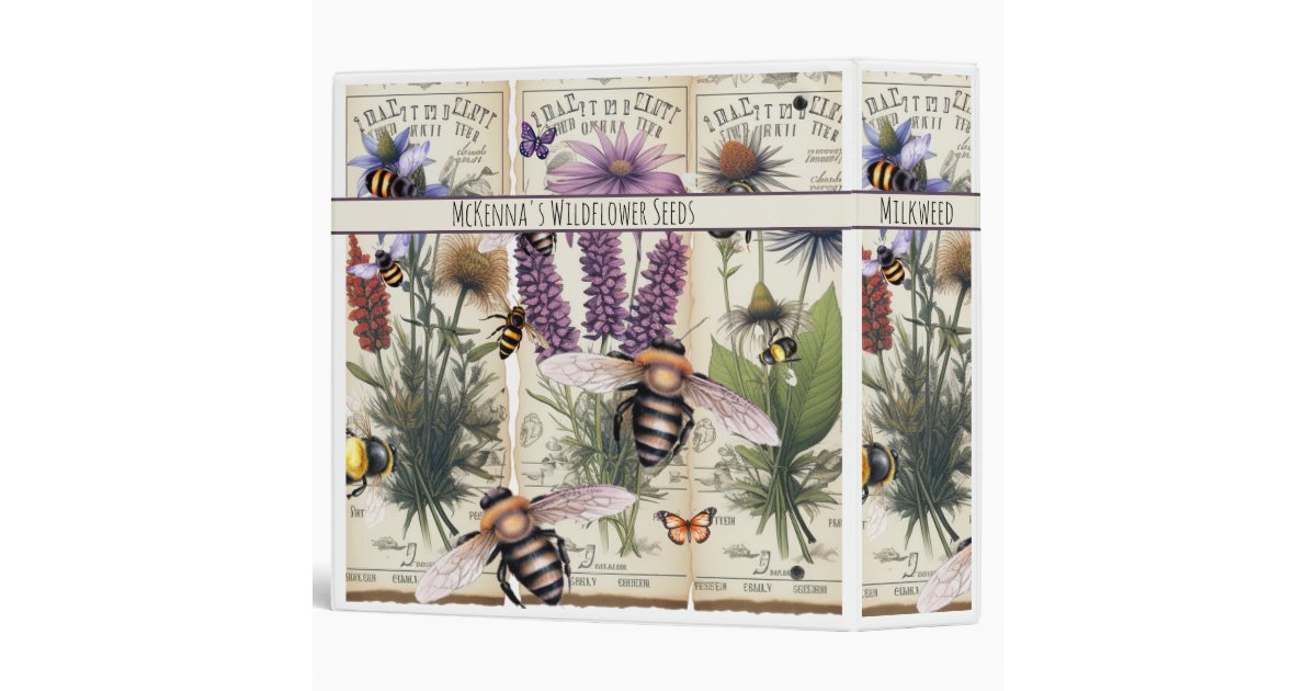 Antiqued Bees and Wildflowers Ephemera Styled 3 Ring Binder | Zazzle