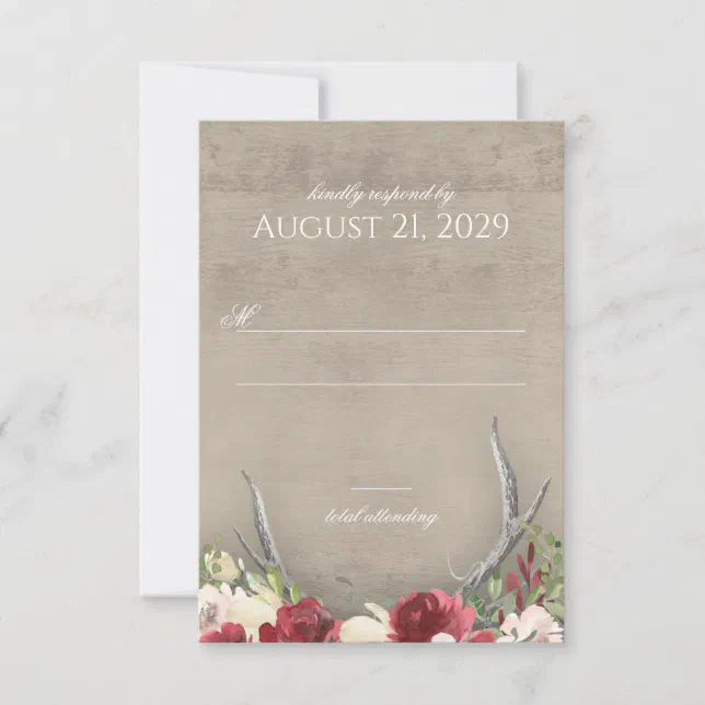 Antlers Burgundy Floral Rustic RSVP Invitation | Zazzle