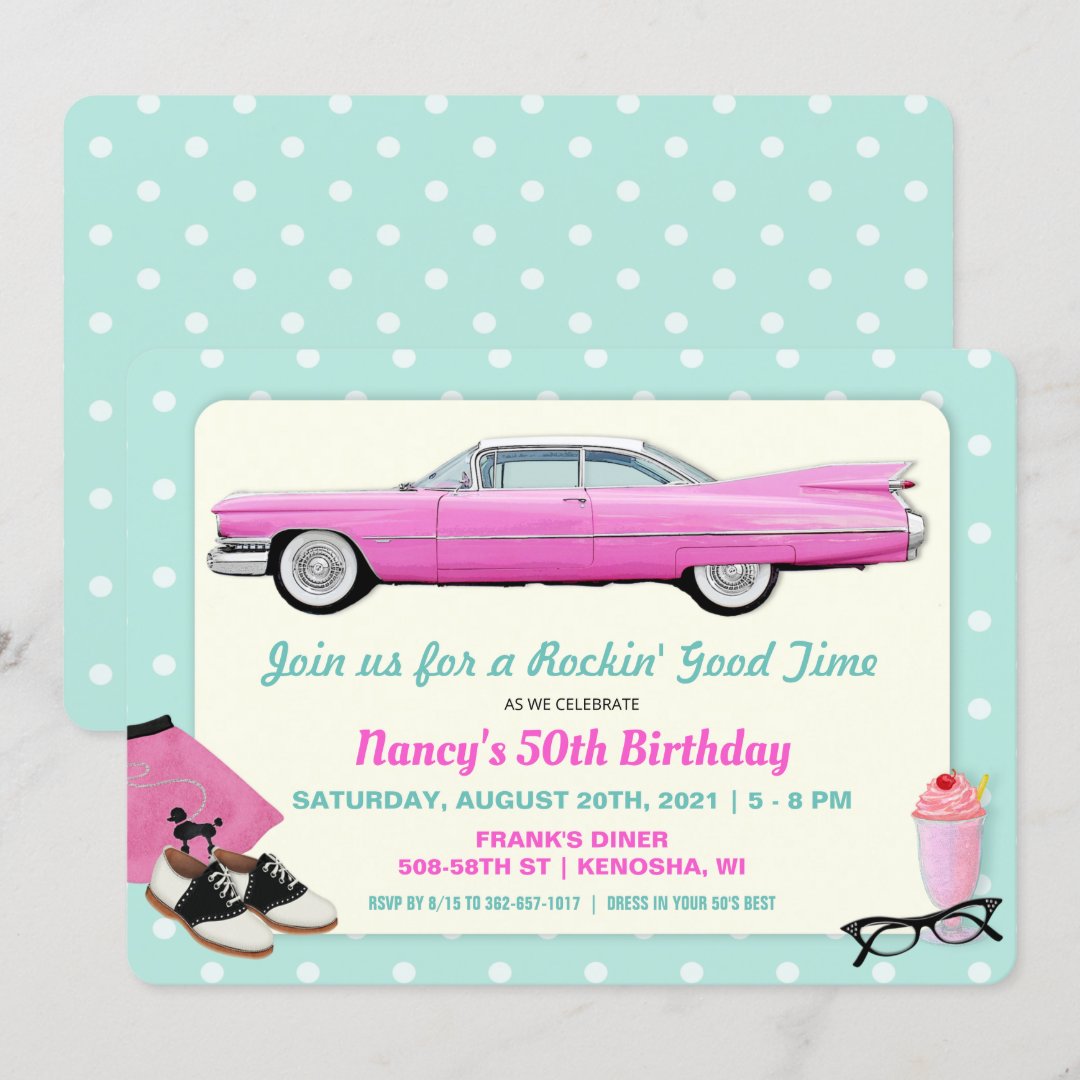 ANY AGE - 1950's Retro Pink Cadillac Birthday Invitation | Zazzle