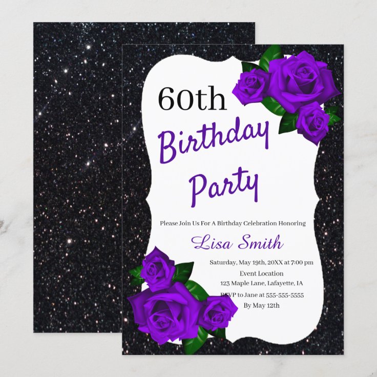 Any Age Birthday Black Glitter Purple Roses Invitation | Zazzle