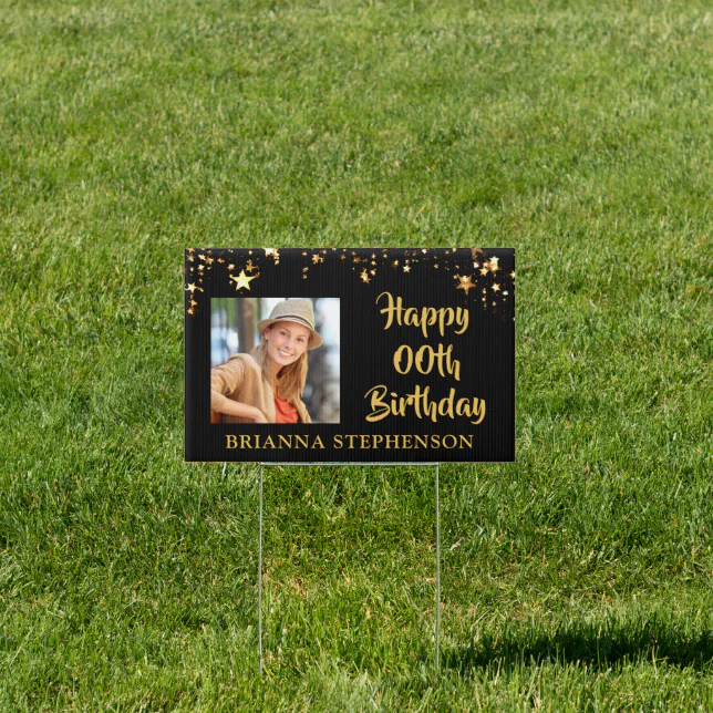 Any Age Birthday Black Gold Stars Photo Name Sign | Zazzle