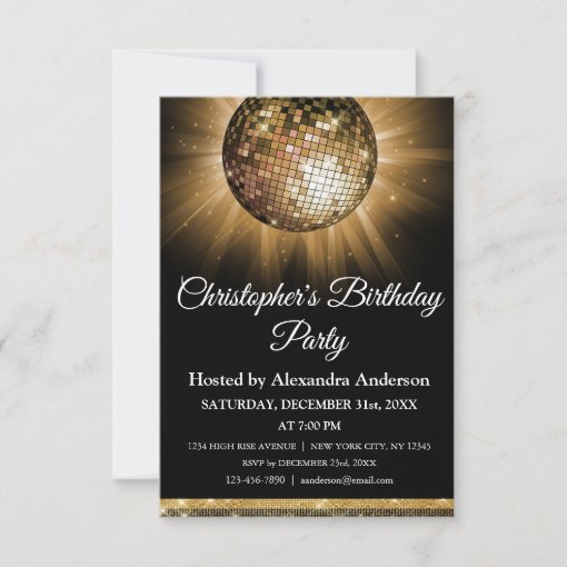 Any Age Birthday Party Gold Sparkle Disco Ball Invitation | Zazzle