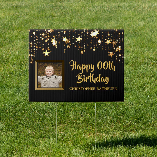 Any Age Birthday Photo Black and Gold Stars Sign | Zazzle