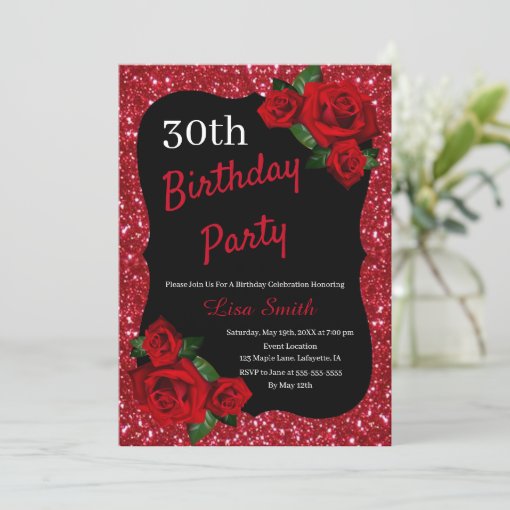 Any Age Birthday Red Glitter Red Roses Invitation | Zazzle