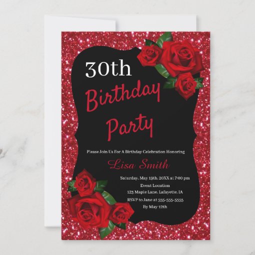 Any Age Birthday Red Glitter Red Roses Invitation | Zazzle