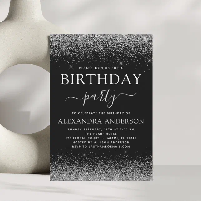 Any Age Birthday Silver Black Modern Glitter Invitation | Zazzle