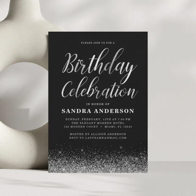 Any Age Birthday Silver Black Modern Glitter Invitation | Zazzle