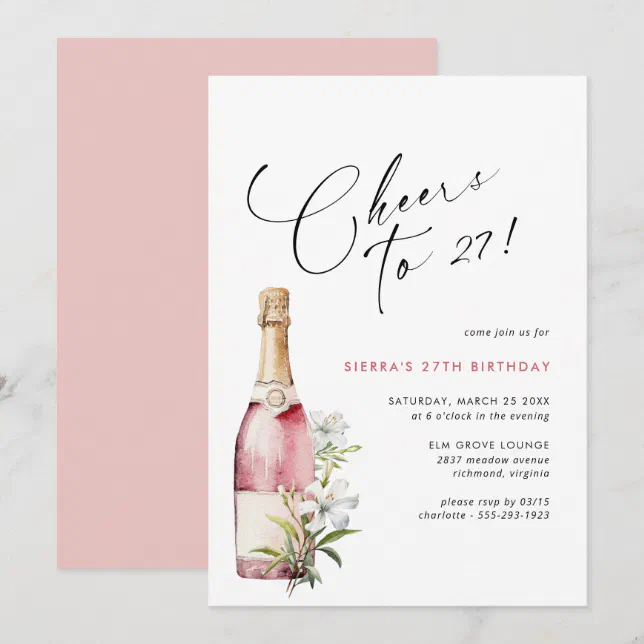 Any Age | Cheers Pink Champagne or Wine Birthday Invitation | Zazzle