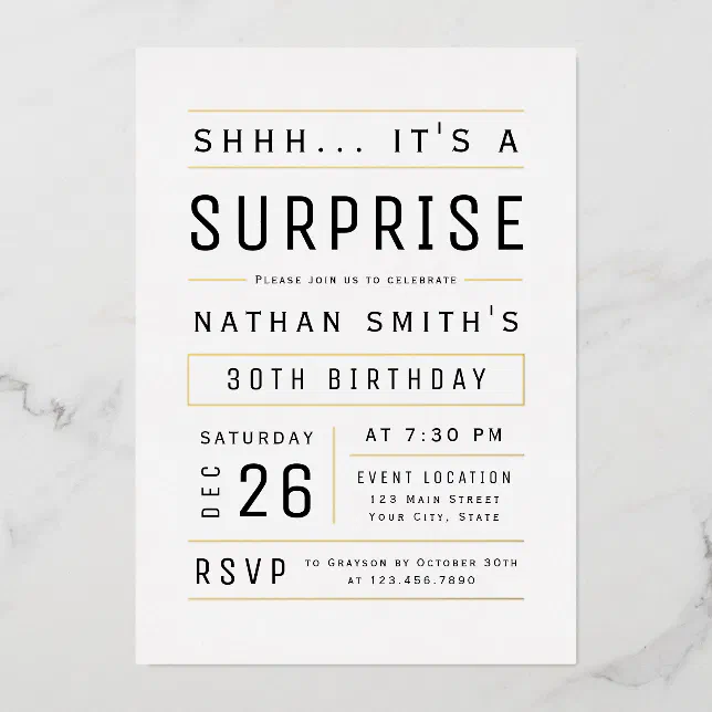 Any Age Modern Simple Typography Surprise Birthday Foil Invitation Zazzle