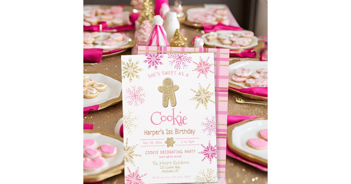 Any Age Pink Gold Plaid Cookie Decorating Birthday Invitation | Zazzle