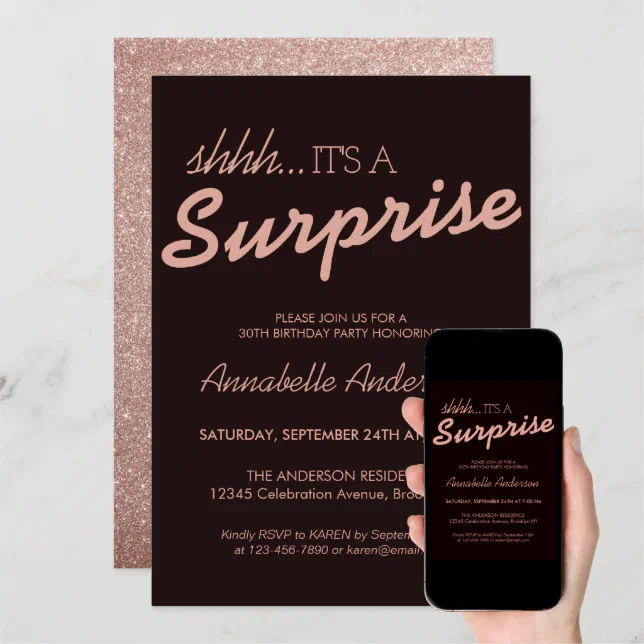 Any Age Pink Rose Gold Glitter Surprise Birthday Invitation Zazzle