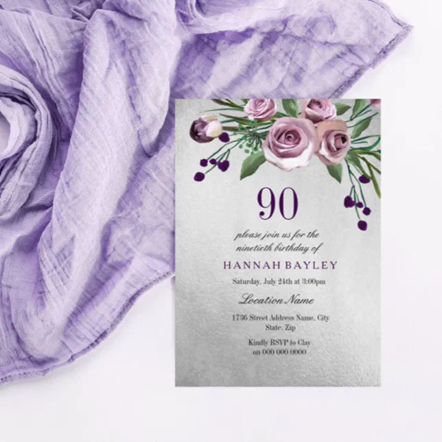 Any Age Purple Silver Rose 90th Birthday Invite | Zazzle