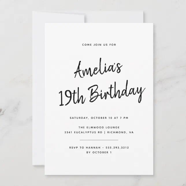 Any Age | Simple Black and White Script Birthday Invitation | Zazzle