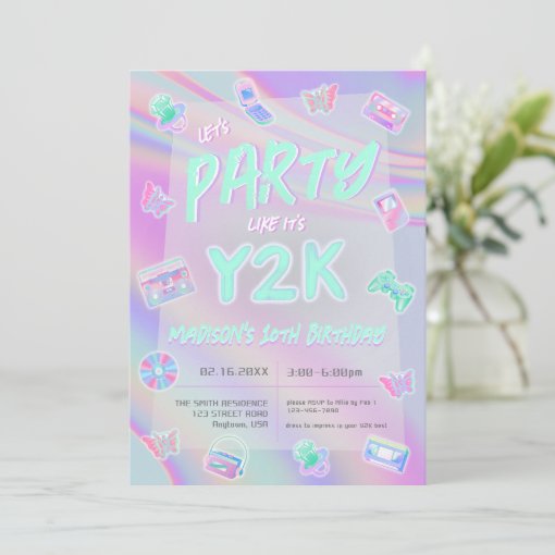 ANY AGE Y2K iridescent rainbow birthday party Invitation | Zazzle