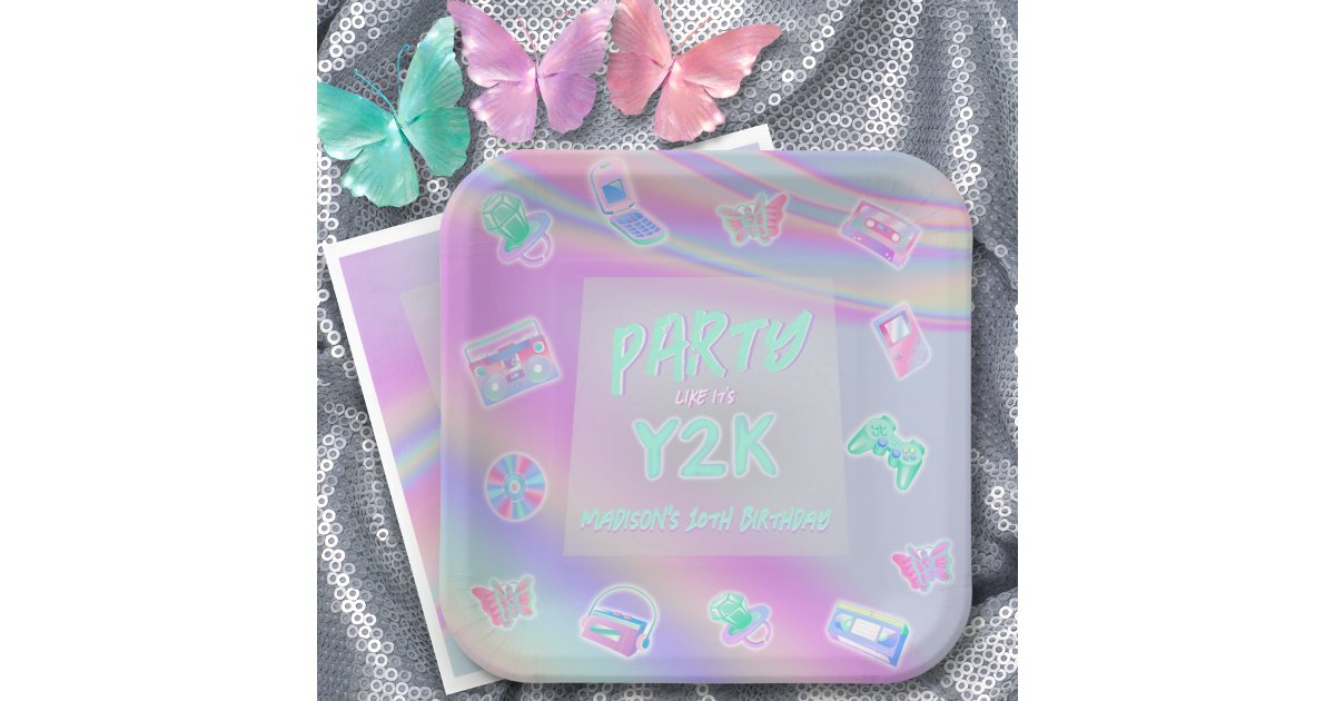 ANY AGE Y2K iridescent rainbow birthday party Paper Plates | Zazzle