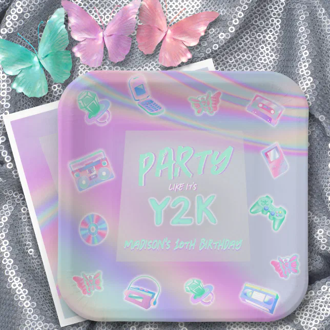 ANY AGE Y2K iridescent rainbow birthday party Paper Plates | Zazzle