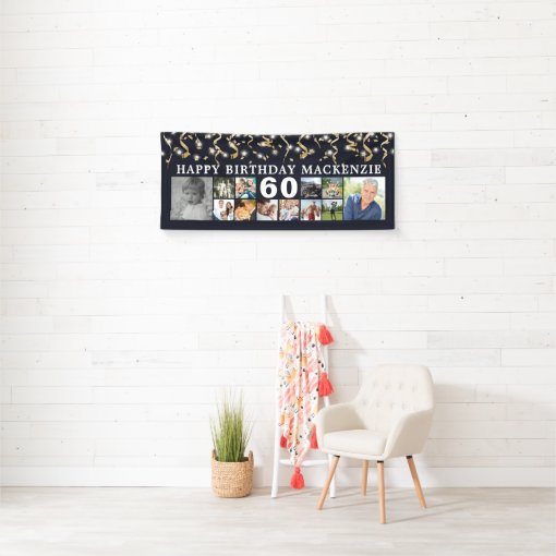 Any Birthday 12 Photo Collage Black Gold Streamers Banner | Zazzle