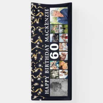 Any Birthday 12 Photo Collage Black Gold Streamers Banner | Zazzle