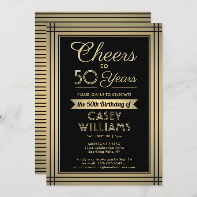 ANY Birthday Cheers Classic Border Black and Gold Invitation | Zazzle