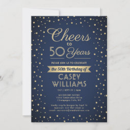 ANY Birthday Cheers Navy Blue and Gold Confetti Invitation | Zazzle