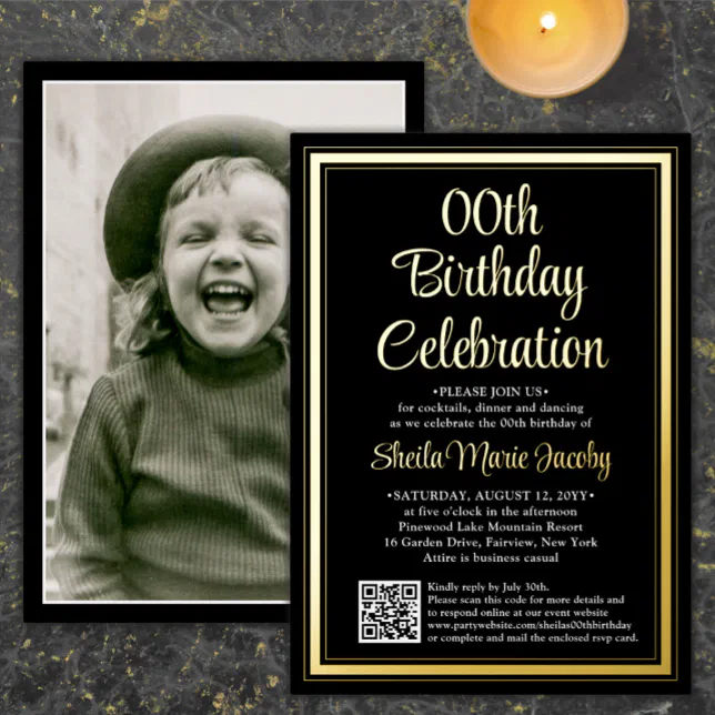 Any Birthday Party QR Code & Photo Black and Real Foil Invitation | Zazzle