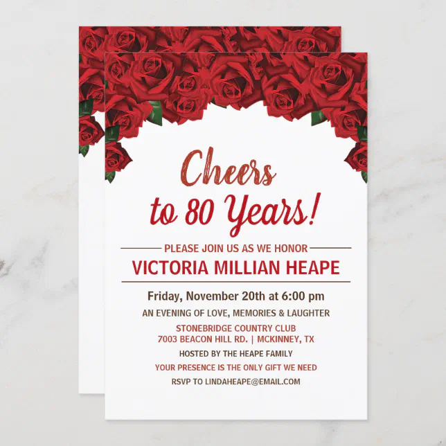 ANY COLOR or AGE - Red Roses Birthday Invitation | Zazzle