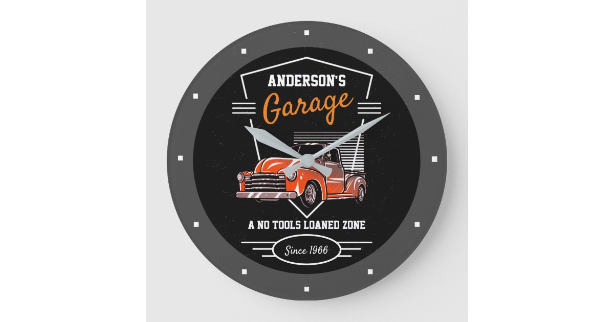 Any Name Garage Slogan Crest Vintage Chevy Pickup Large Clock | Zazzle