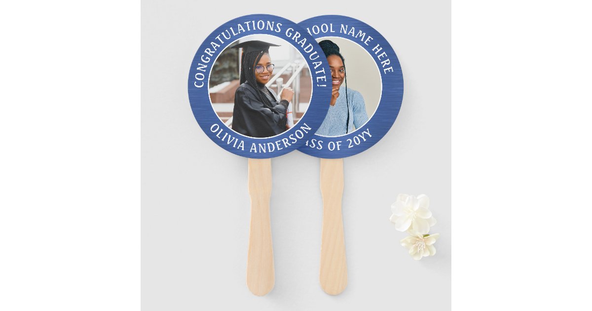 Any Quote 2 Photo Brushed Blue & White Graduation Hand Fan | Zazzle