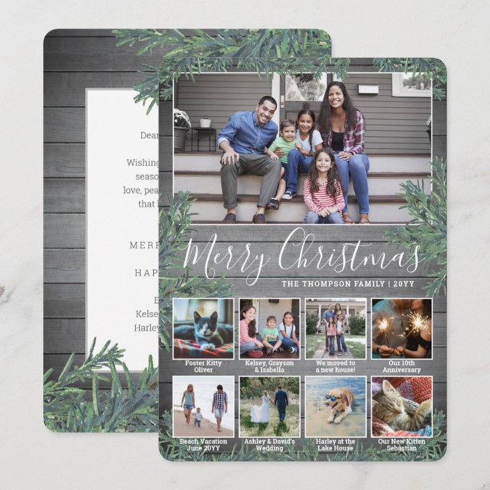 Any Text 9 Photo Collage & Captions Wood and Pine Holiday Card | Zazzle.com