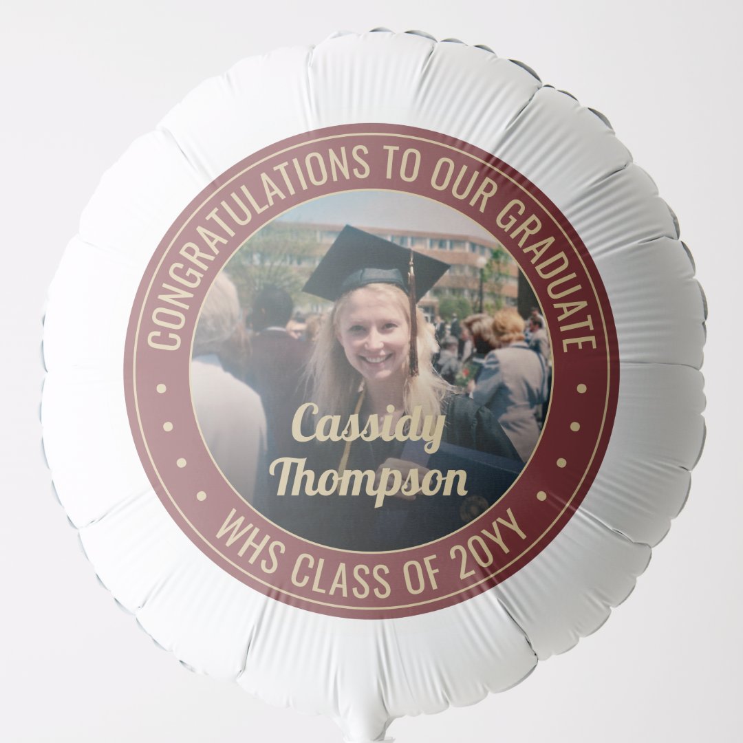 Any Text Graduation Photo Congrats Burgundy & Gold Balloon | Zazzle