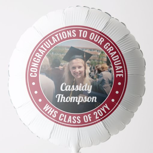 Any Text Graduation Photo Congrats Red and White Balloon | Zazzle
