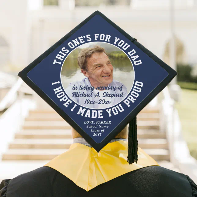 Any Text Memorial Tribute Photo Navy Blue & White Graduation Cap Topper ...
