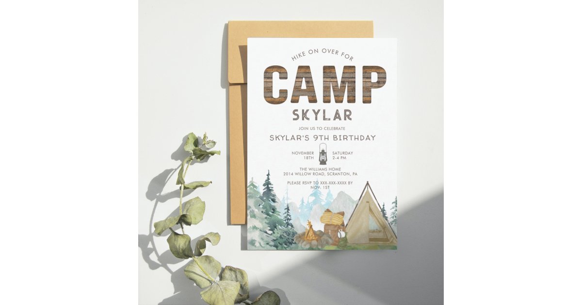 Any Year Rustic Wood Camping Birthday Invitation | Zazzle
