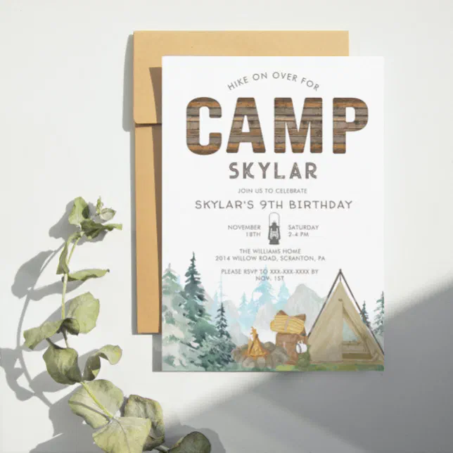 Any Year Rustic Wood Camping Birthday Invitation | Zazzle