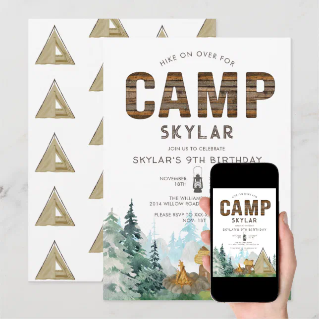 Any Year Rustic Wood Camping Birthday Invitation | Zazzle