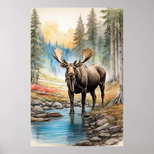 AP49 MOOSE Rocks Stream Forest Nature Poster | Zazzle