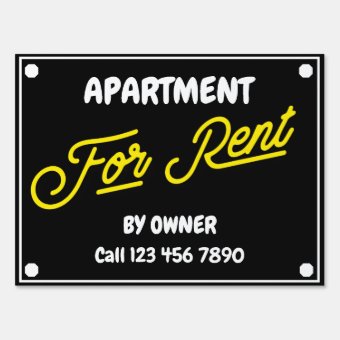 Apartment For Rent White Text Yellow Script Black Sign | Zazzle