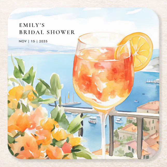 Aperol Spritz Amalfi Bridal Shower Square Paper Coaster | Zazzle