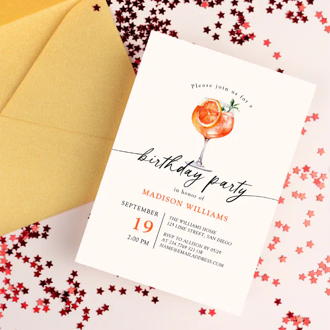 Aperol Spritz Calligraphy Birthday Party Invitation | Zazzle
