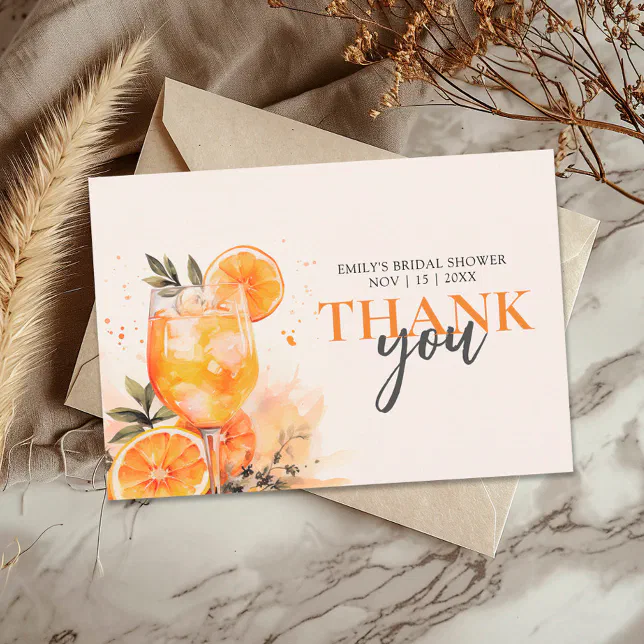 Aperol Spritz Watercolor Bridal Shower Thank You Card | Zazzle