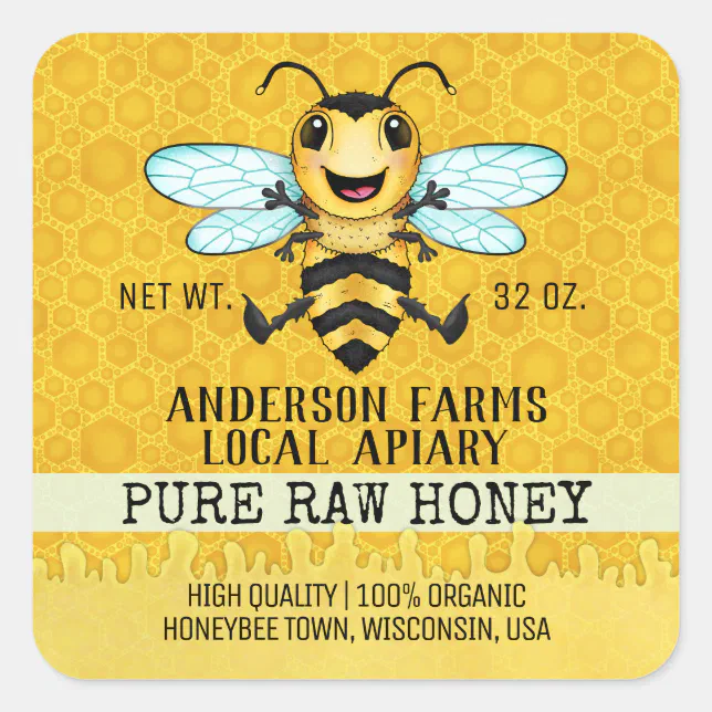 Apiary Honey Bee | Happy Honeybee Honeycomb Jar Square Sticker | Zazzle