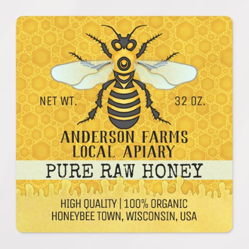 Apiary Honey Jar Bee Farm Honeybee and Honeycomb Labels | Zazzle