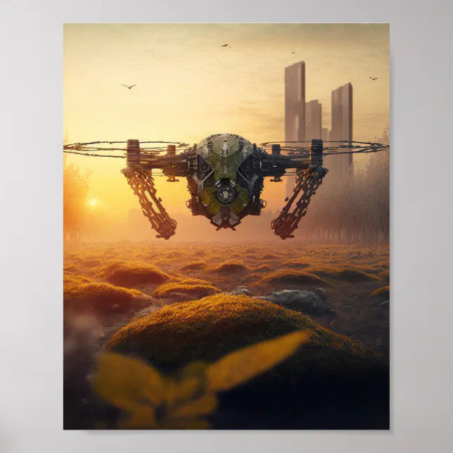 Apocalyptic Flying Drone during sunrise Poster | Zazzle