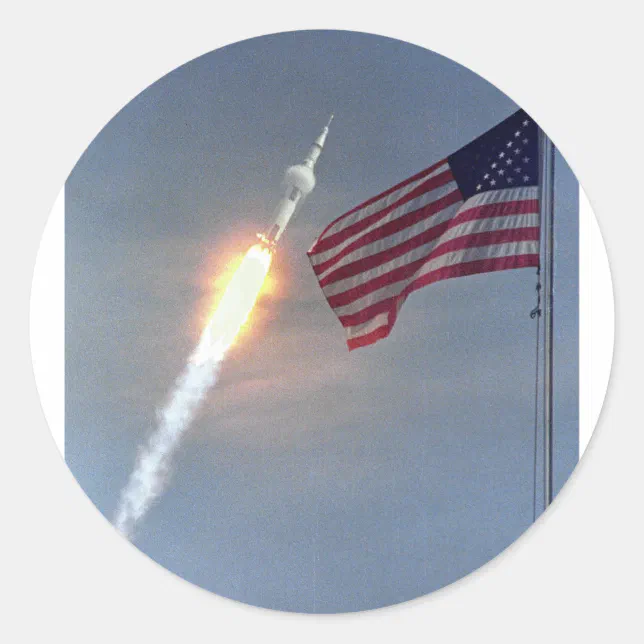 Apollo 11 launch, with flag, NASA Classic Round Sticker | Zazzle