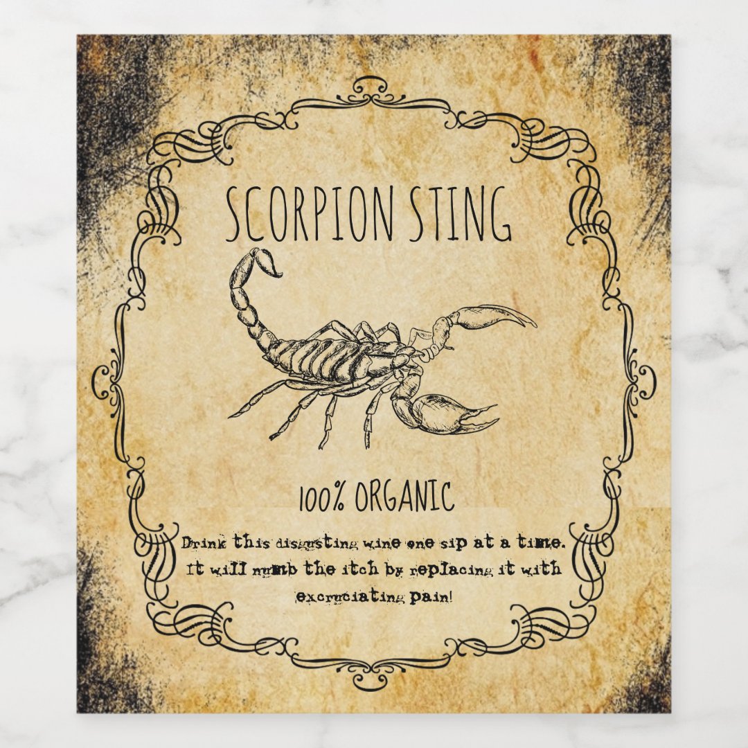 Apothecary halloween vintage scorpion stings wine label | Zazzle