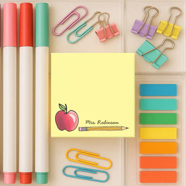 Apple and Pencil Personalized Teacher Yellow 3 x 3 Post-it Notes | Zazzle
