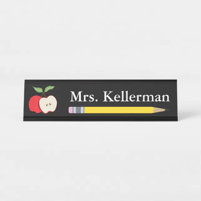Apple and Pencil Teacher's Name Black Desk Name Plate | Zazzle