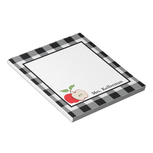 Apple Black and White Buffalo Check Teacher Name Notepad | Zazzle