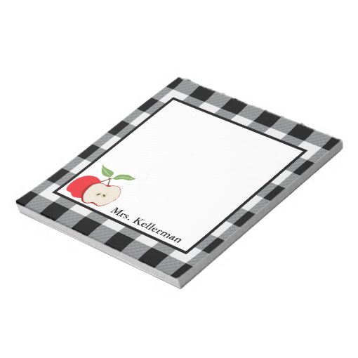 Apple Black and White Buffalo Check Teacher Name Notepad | Zazzle