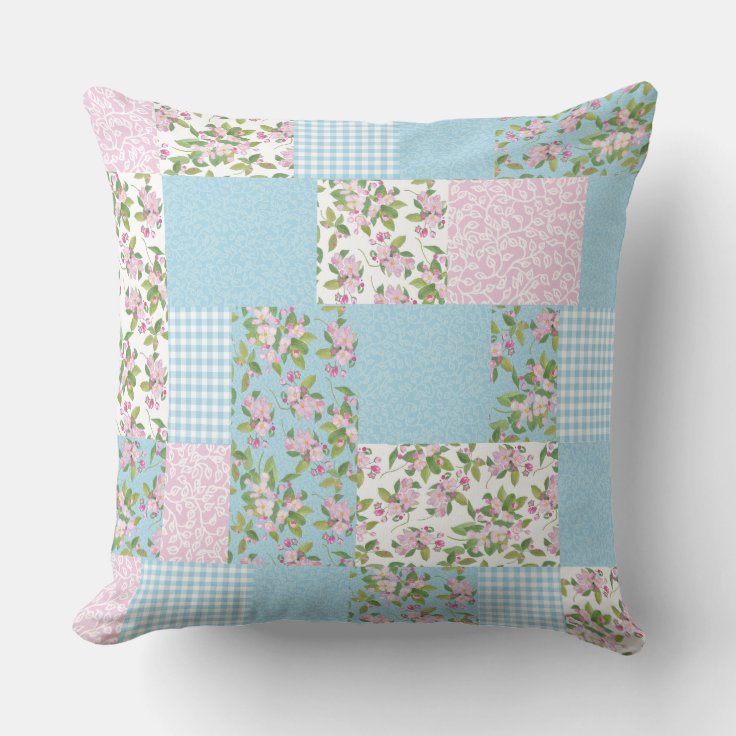 Apple Blossom Pink and Blue Floral Faux Patchwork Throw Pillow | Zazzle